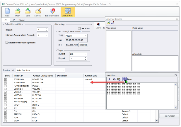 Learn an IR command using a pronto HEX code