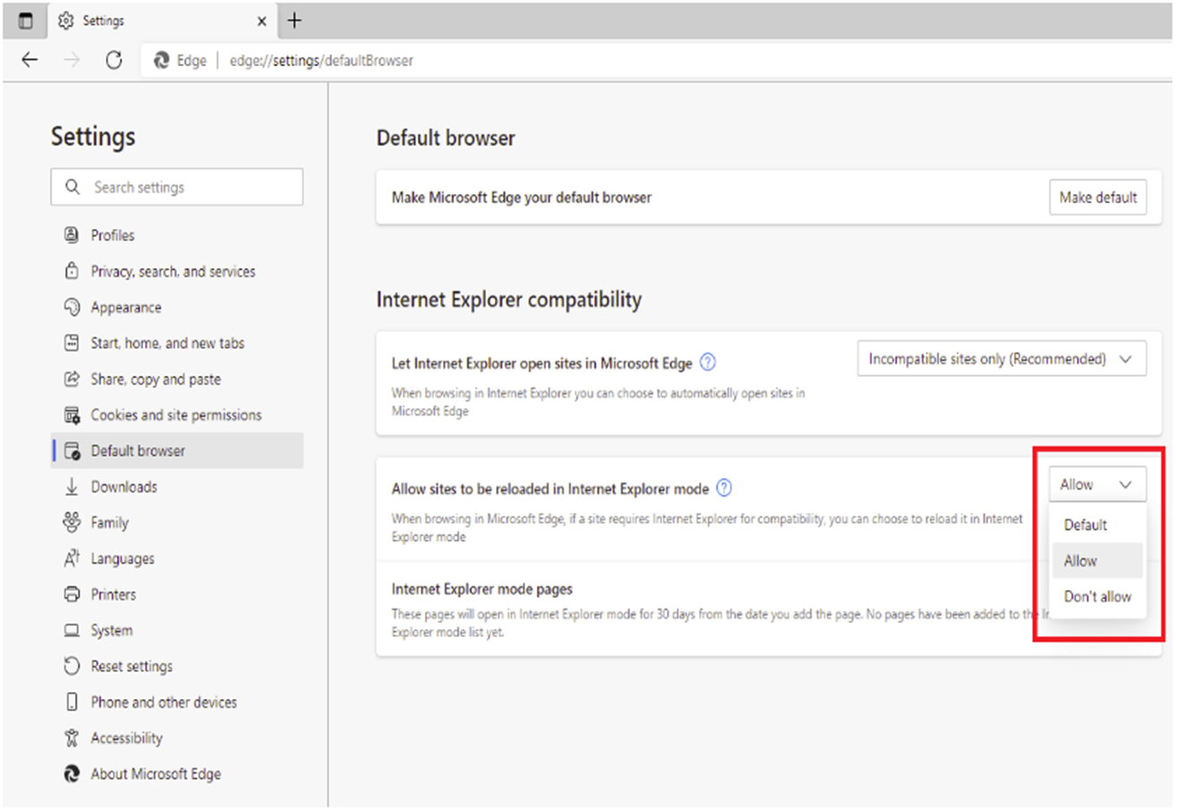 Running Internet Explorer in Microsoft Edge